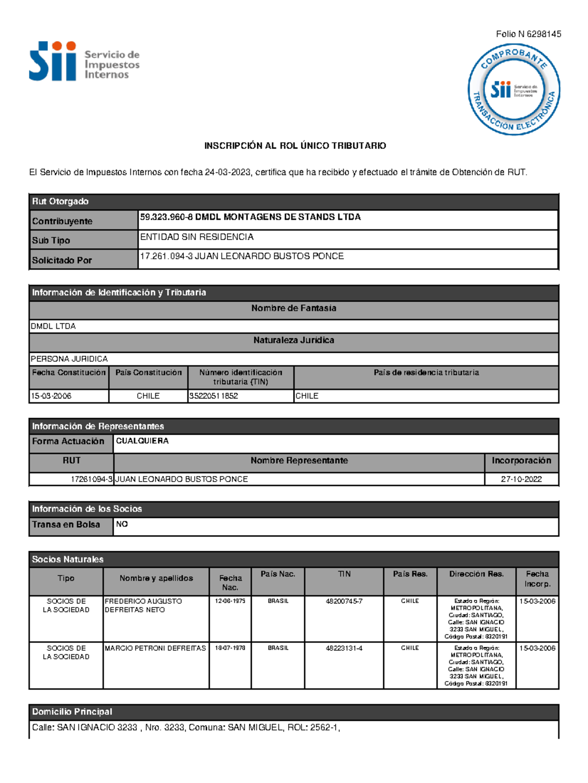 59323960-8 - rut - Folio N 6298145 INSCRIPCIÓN AL ROL ÚNICO TRIBUTARIO ...