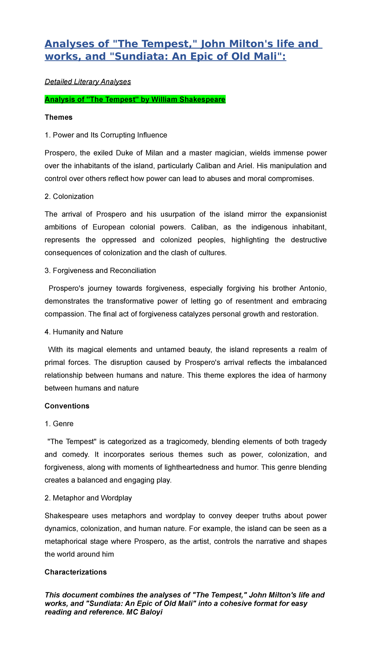 Tempest, milton and sundiata notes - Analyses of "The Tempest," John ...