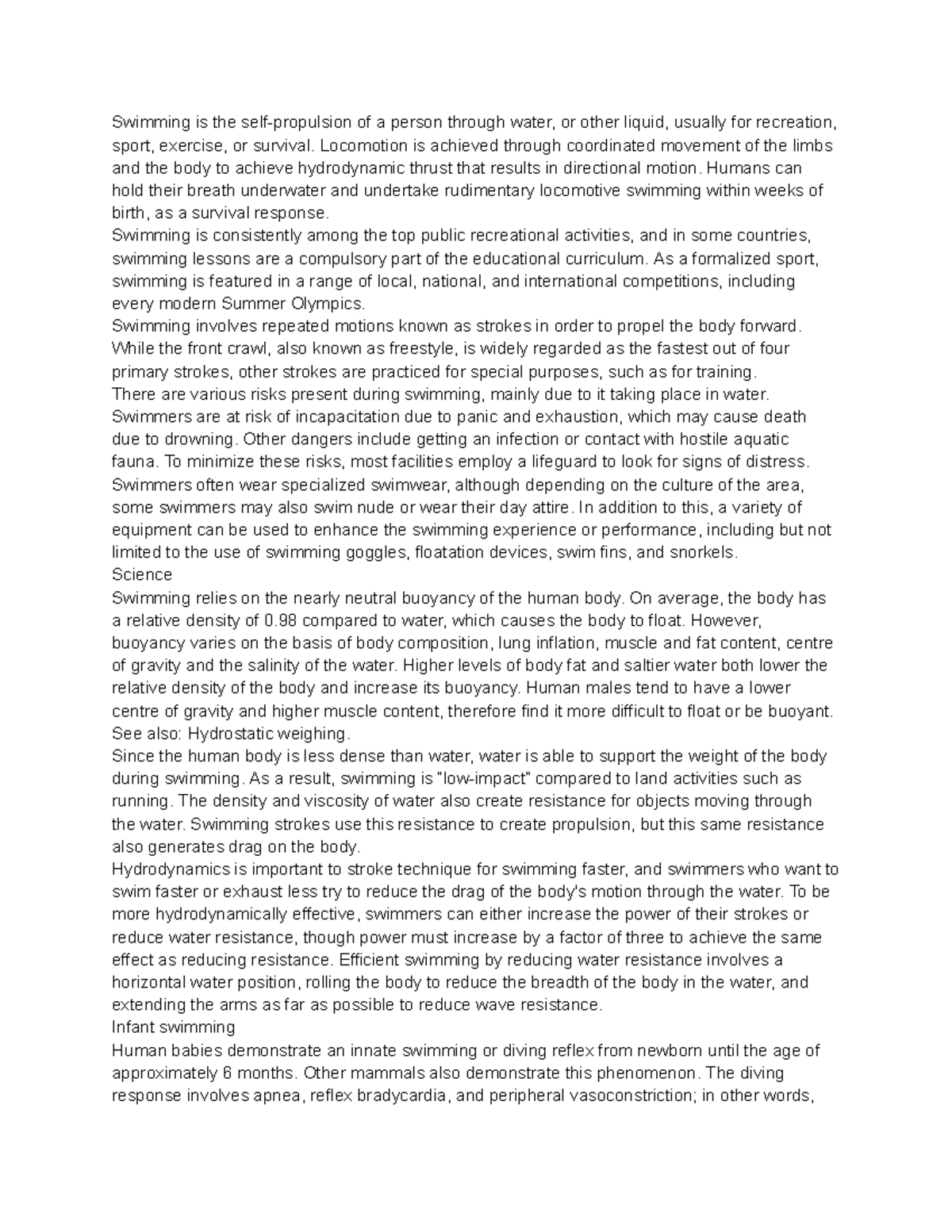 Swim - essay - Swimming is the self-propulsion of a person through ...