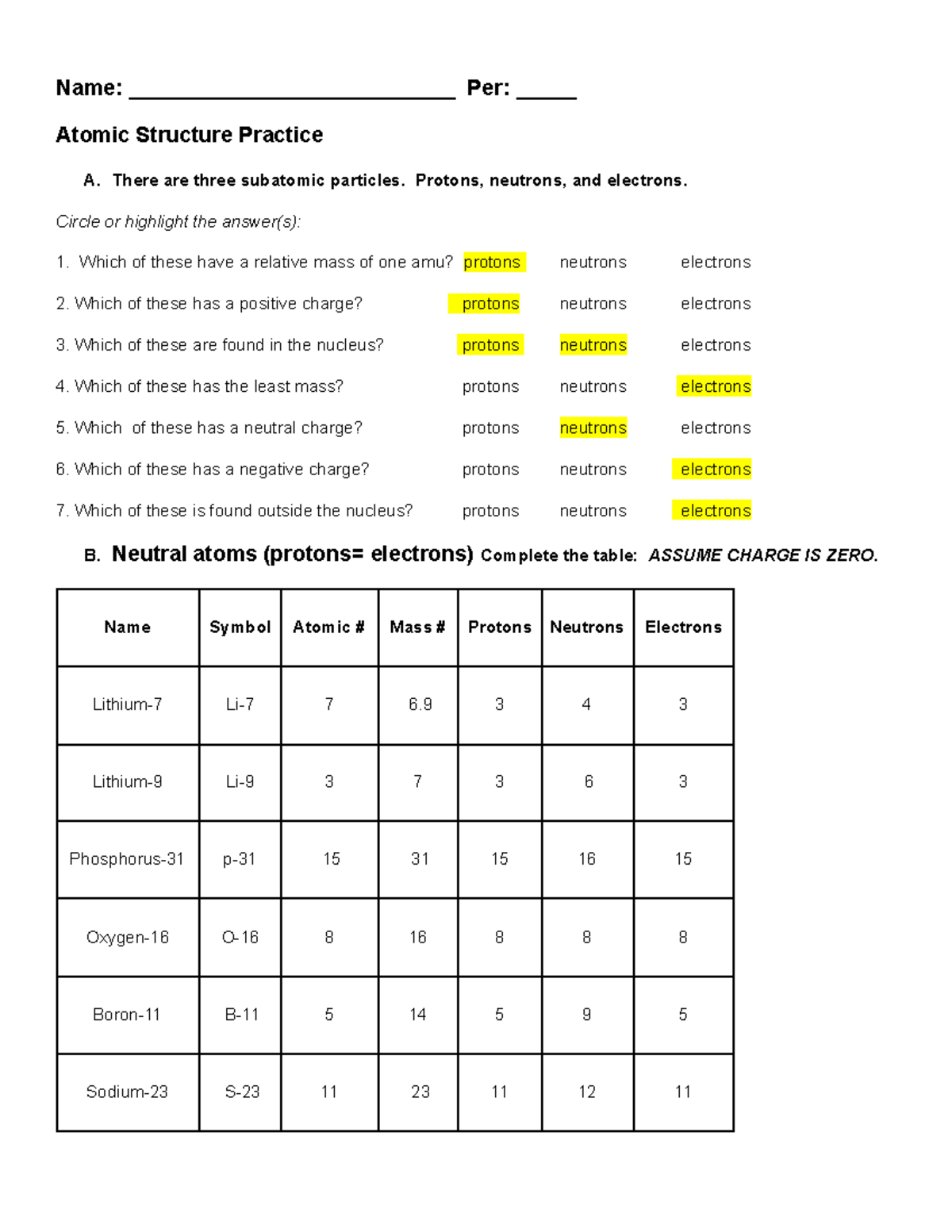 Copy of Atomic Structure Practice - Name ...