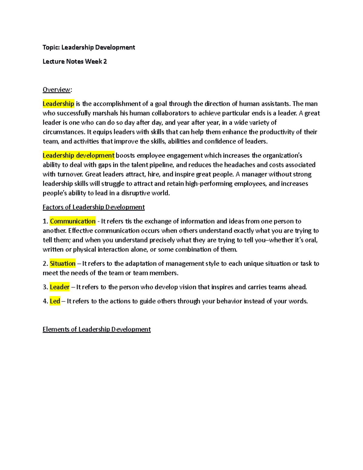 Leadership development - Topic: Leadership Development Lecture Notes ...