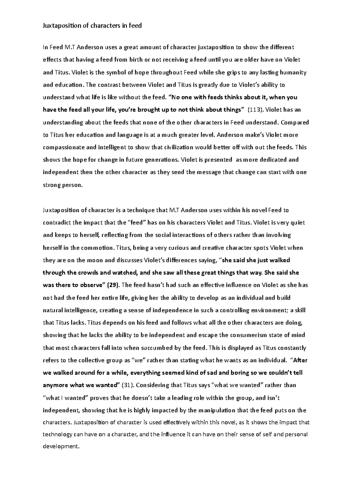 Juxtaposition of Characters in Feed essay notes - In Feed M Anderson ...