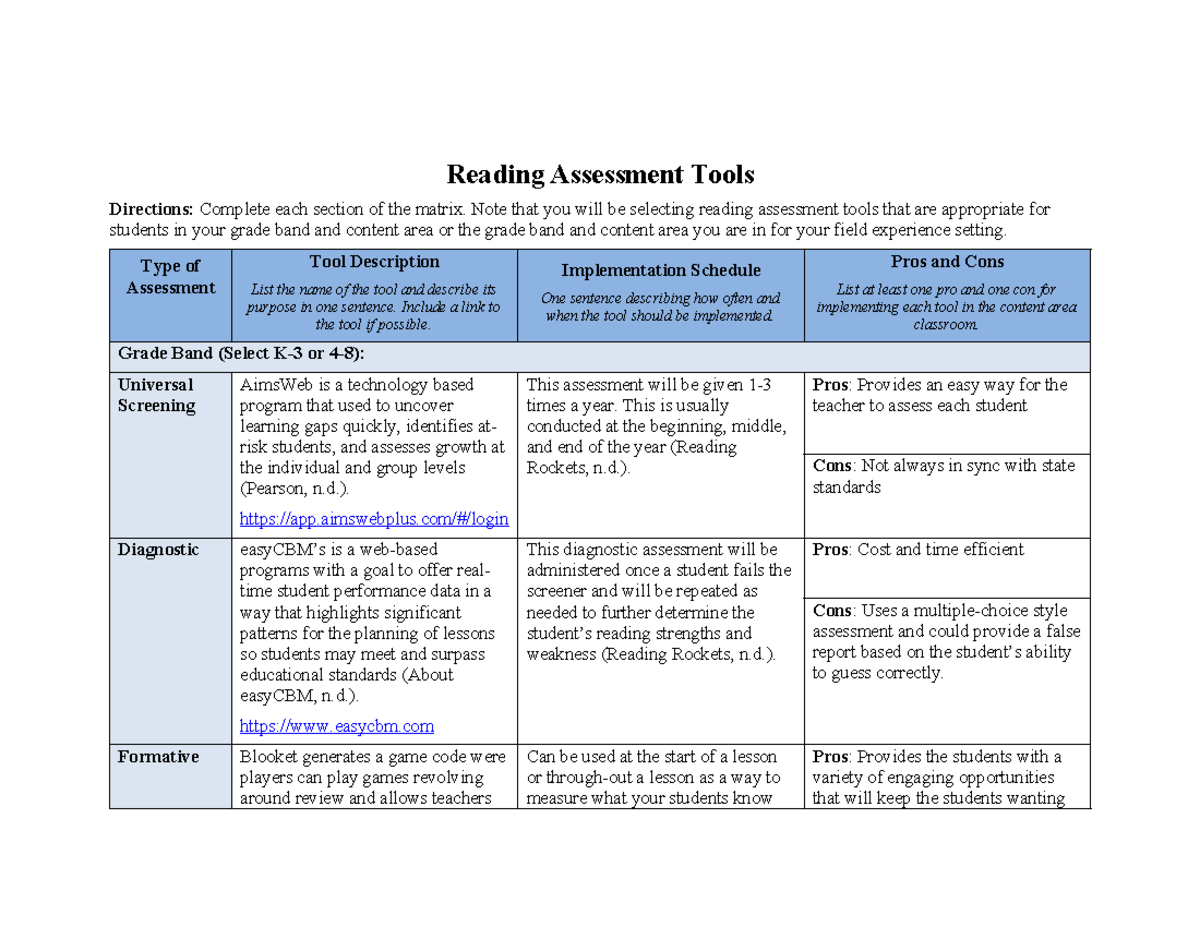 REA-325-T3-Reading Assessment Tools - Reading Assessment Tools Directions: Complete each section ...