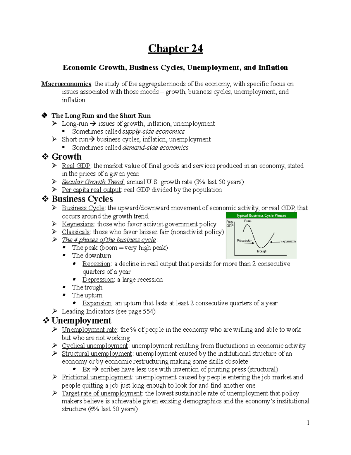 Econ 201 Notes Chapter 24 - Chapter 24 Economic Growth, Business Cycles ...
