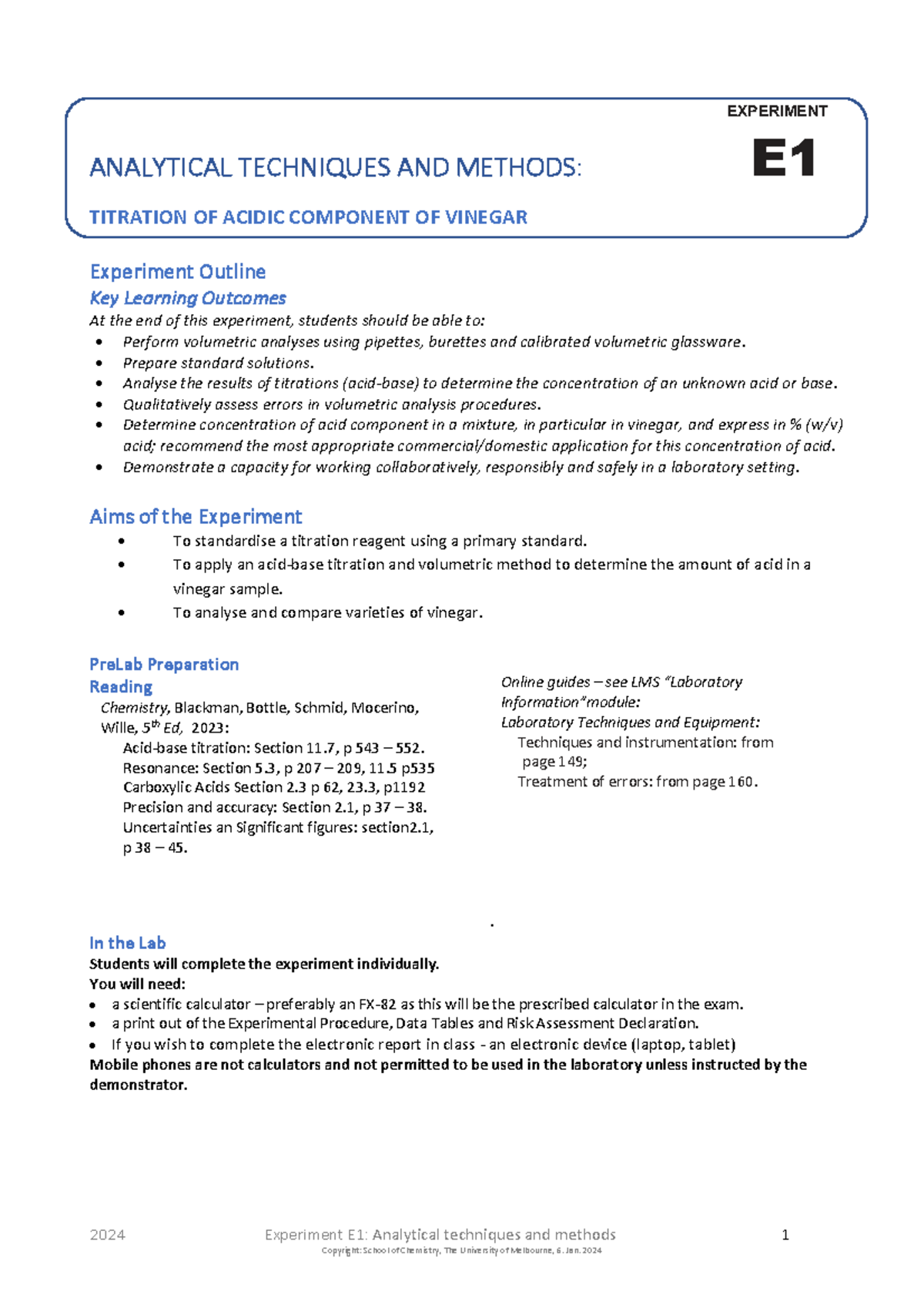 Experiment E1 Student Notes S1 2024 - 2024 Experiment E1: Analytical ...
