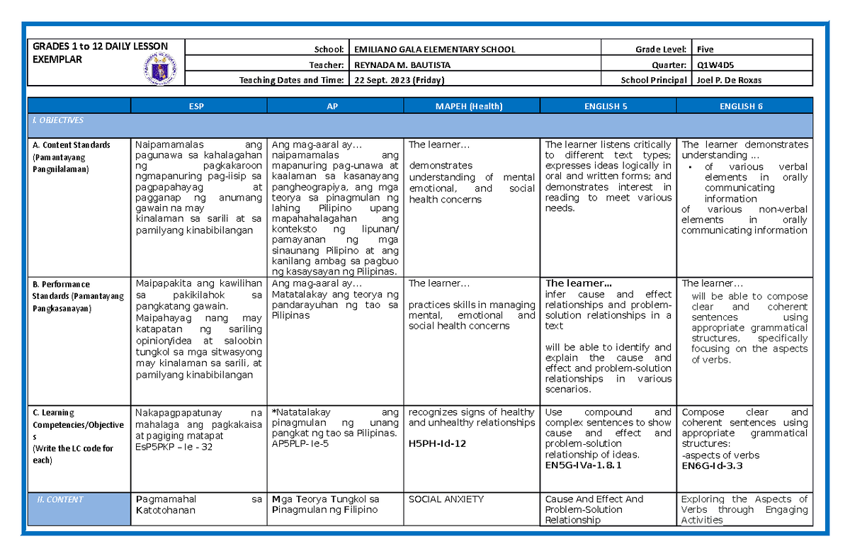 DLL Q1W4D5 del - my dll - GRADES 1 to 12 DAILY LESSON EXEMPLAR School ...