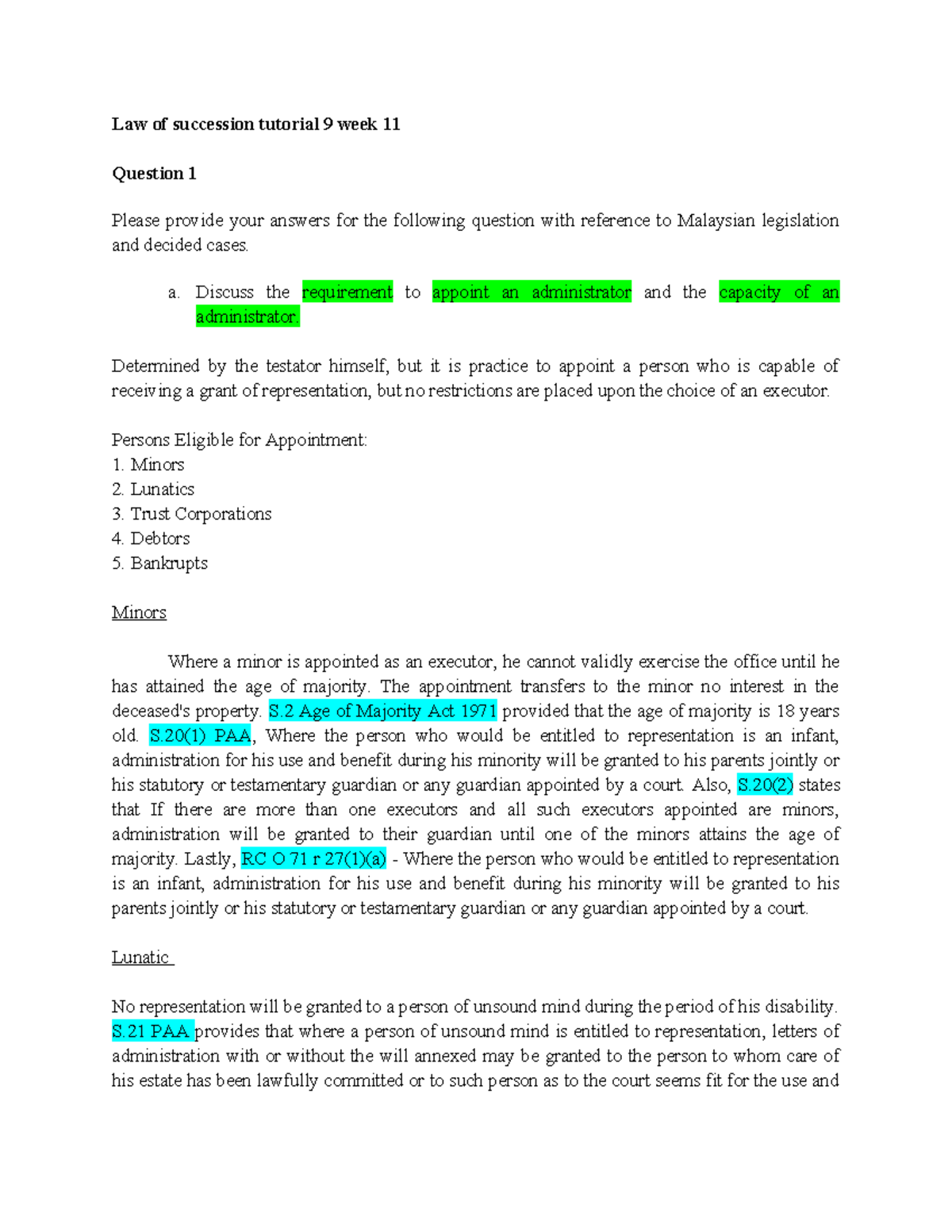 Law of succession tutorial 9 week 11 - Law of succession tutorial 9 week 11 Question 1 Please ...