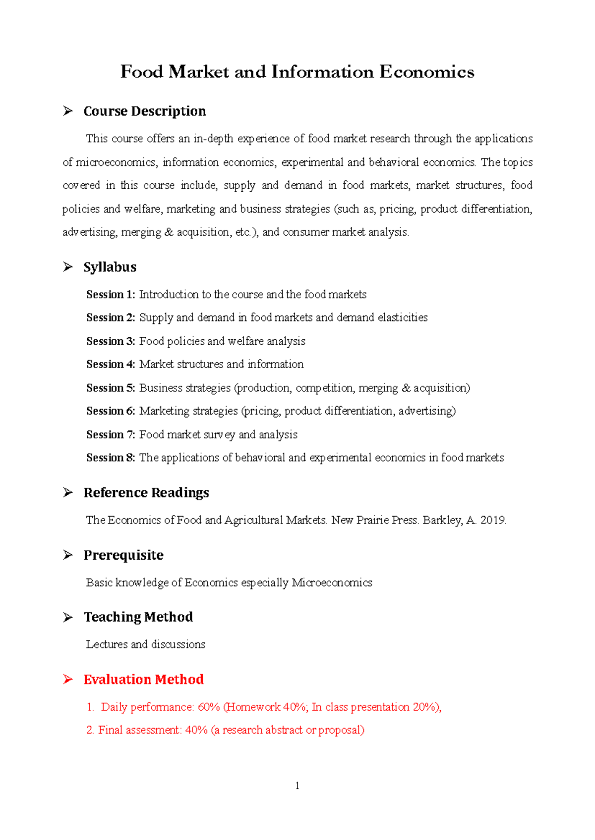 Food Market and Information Economics - The topics covered in this ...