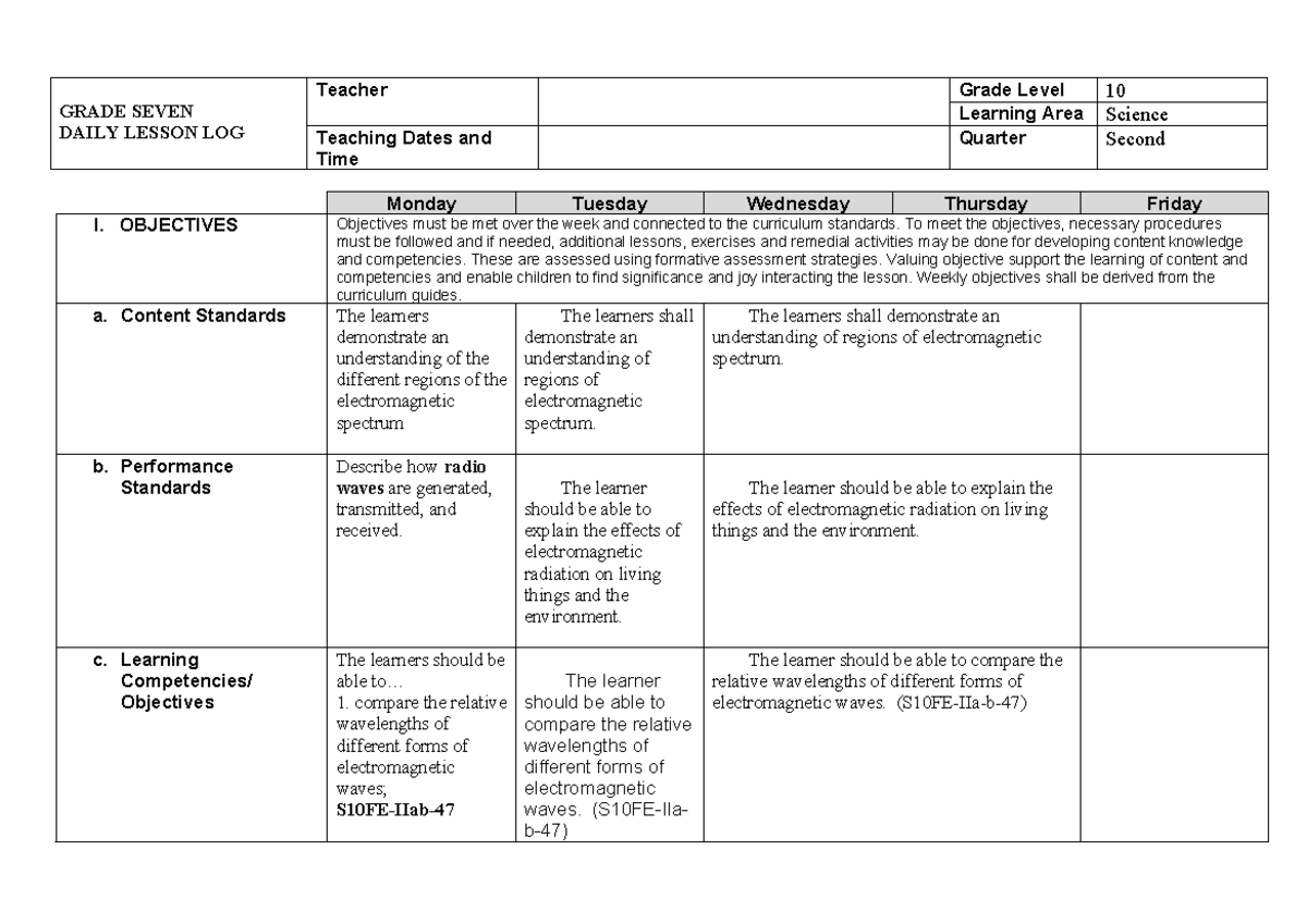 Science-10-2nd-quarter wk1 - GRADE SEVEN DAILY LESSON LOG Teacher Grade ...