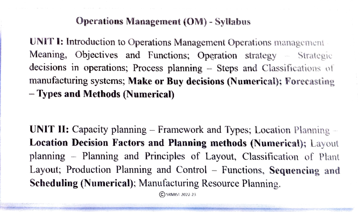 OP unit 1 ppt - Operations Management (OM) - Syllabus UNIT l ...