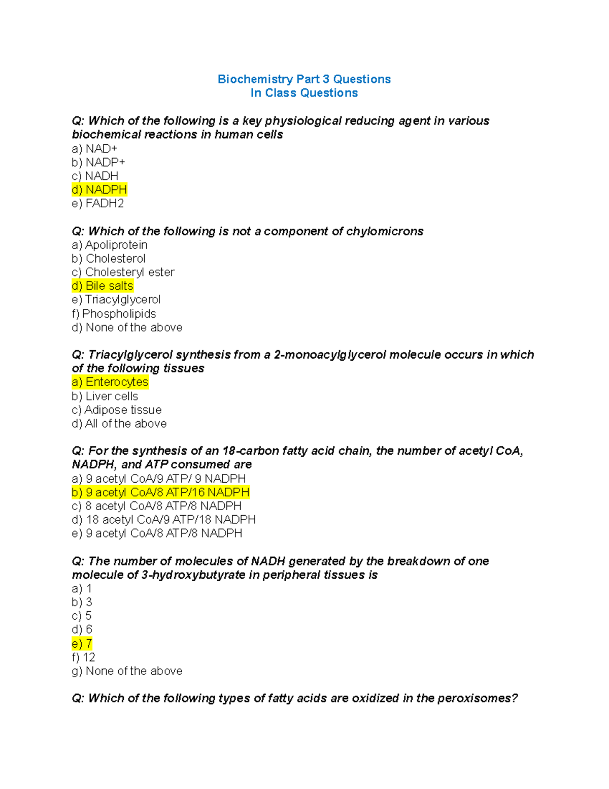 Biochemistry Practice Questions part 3 - Biochemistry Part 3 Questions ...
