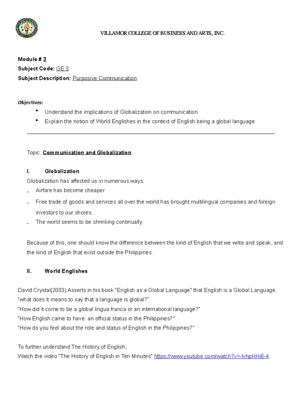 Module 3 - Purposive Communication - VILLAMOR COLLEGE OF BUSINESS AND ...