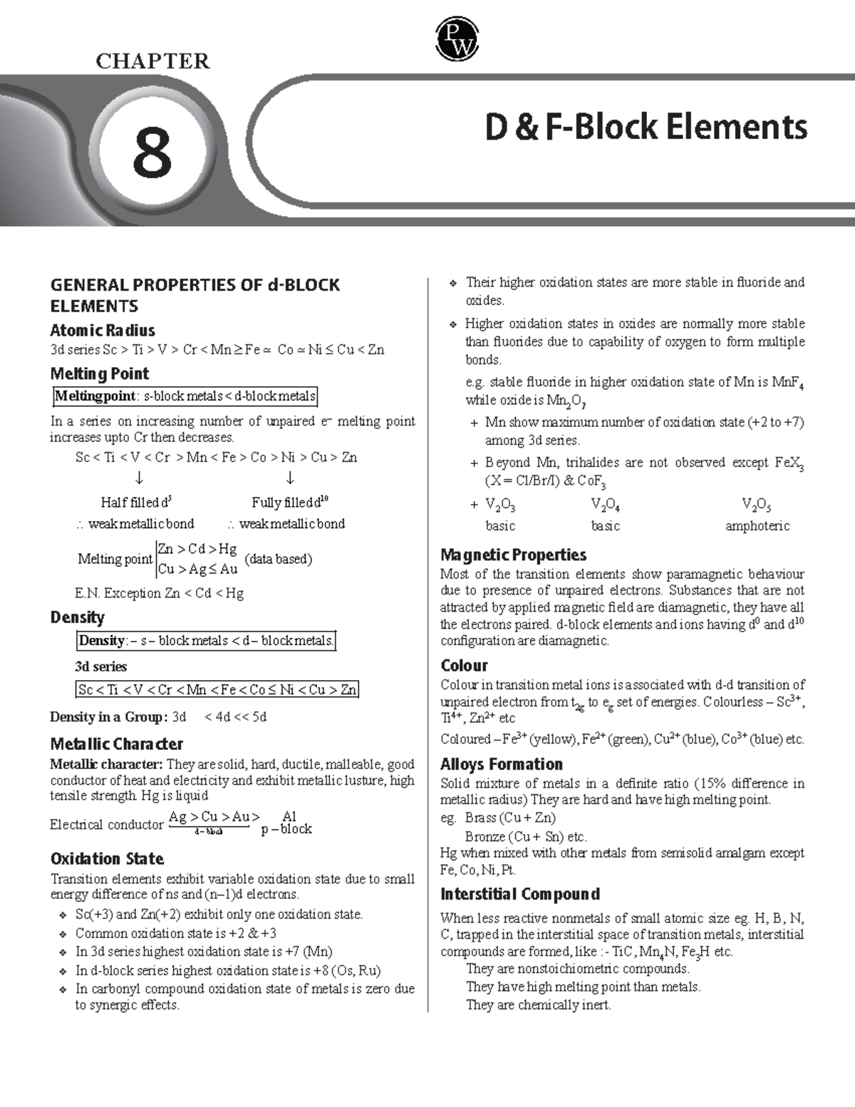 D & F-Block Elements Short Notes Vijeta Series Class-12TH - CHAPTER 8 D ...
