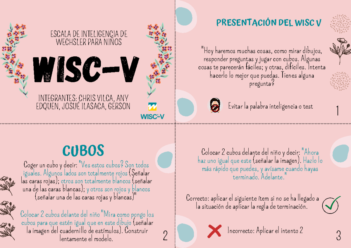 Fichero DEL WISC V - WISC-V PRESENTACIÓN DEL WISC V Coger un cubo y decir: "Ves estos cubos ...