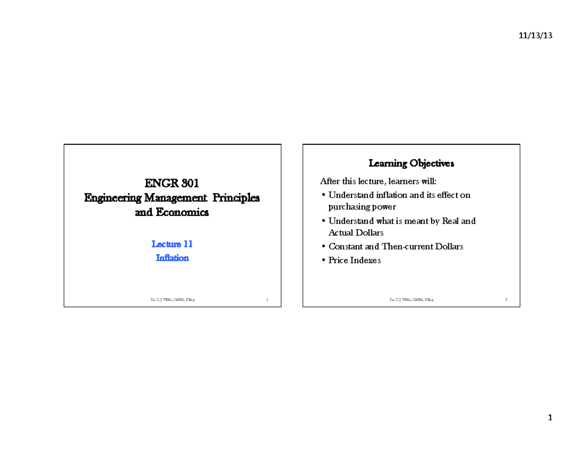 Lecture 11 Inflation - ENGR 301 Engineering Management Principles and Economics Lecture 11 ...
