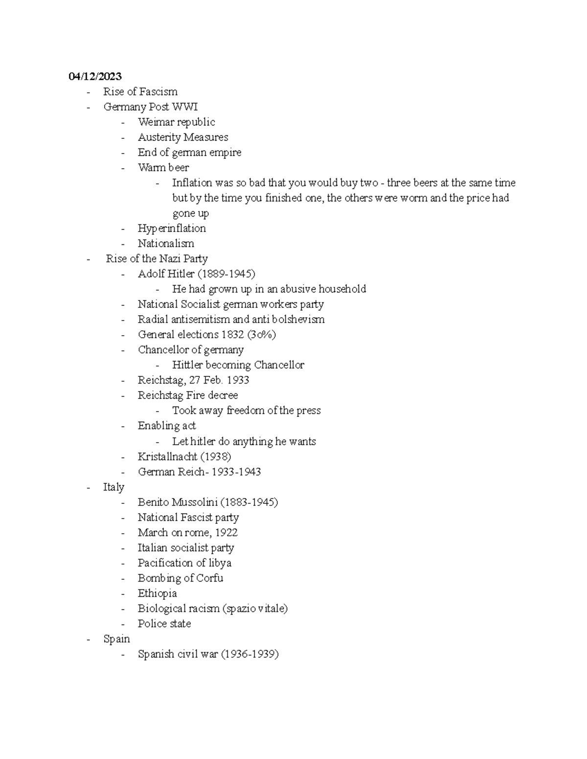 Week 11 notes - 04/12/ Rise of Fascism Germany Post WWI Weimar republic ...
