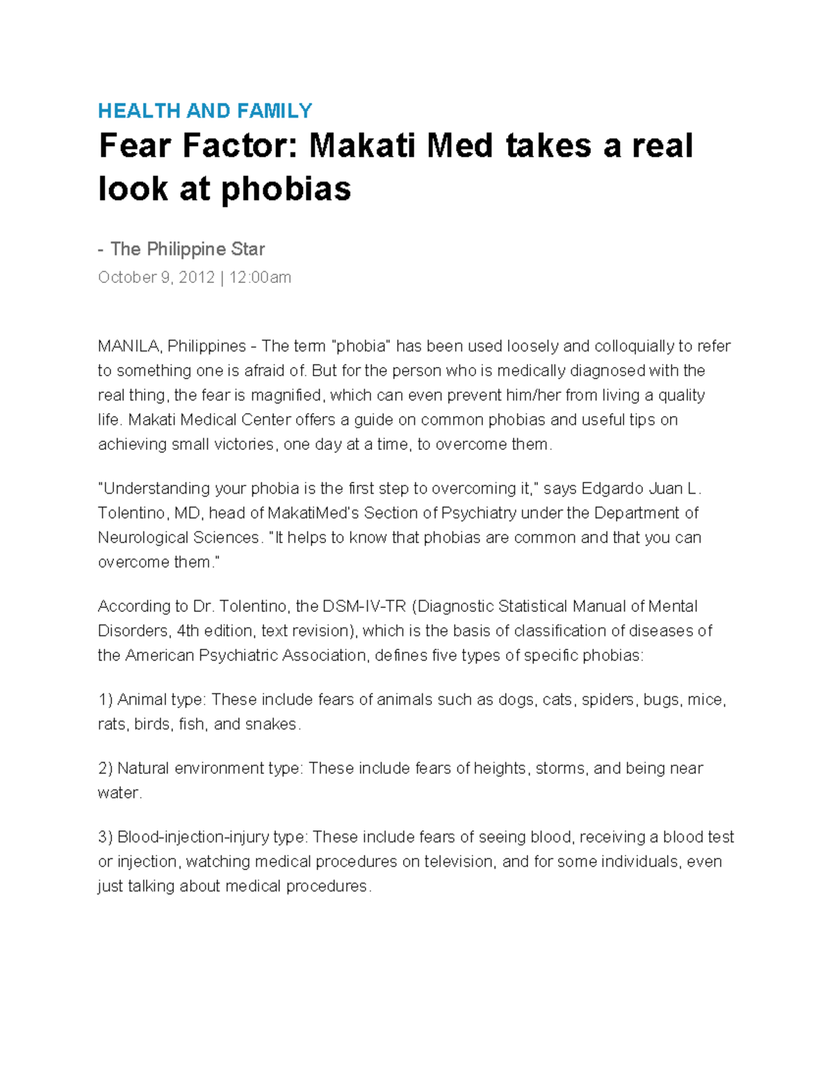 Philstar phobias - HEALTH AND FAMILY Fear Factor: Makati Med takes a ...