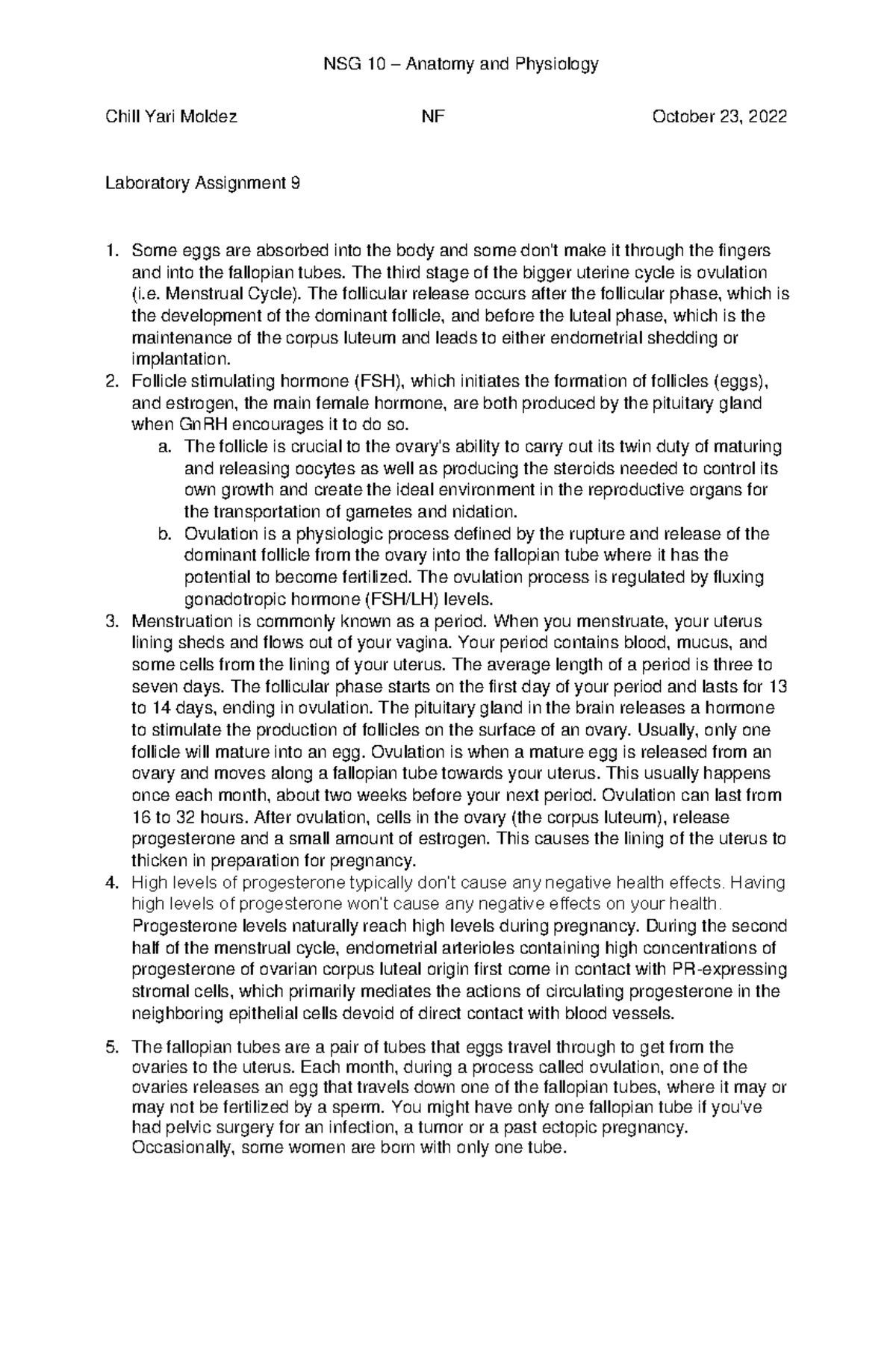 Assignment Lab 9 Moldez - NSG 10 – Anatomy and Physiology Chill Yari Moldez NF October 23, 2022 ...