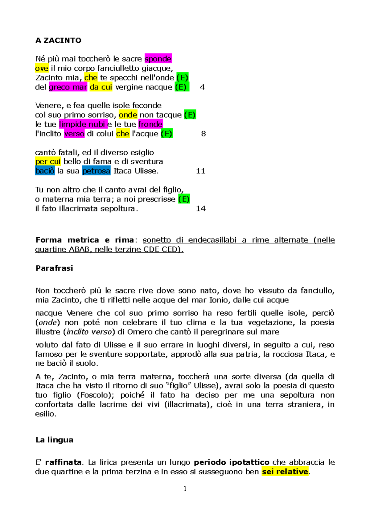 Sonetti-di-foscolo - Riassunto Sepolcri-Odi-Sonetti - Sepolcri-Odi-Sonetti - A ZACINTO Né più ...