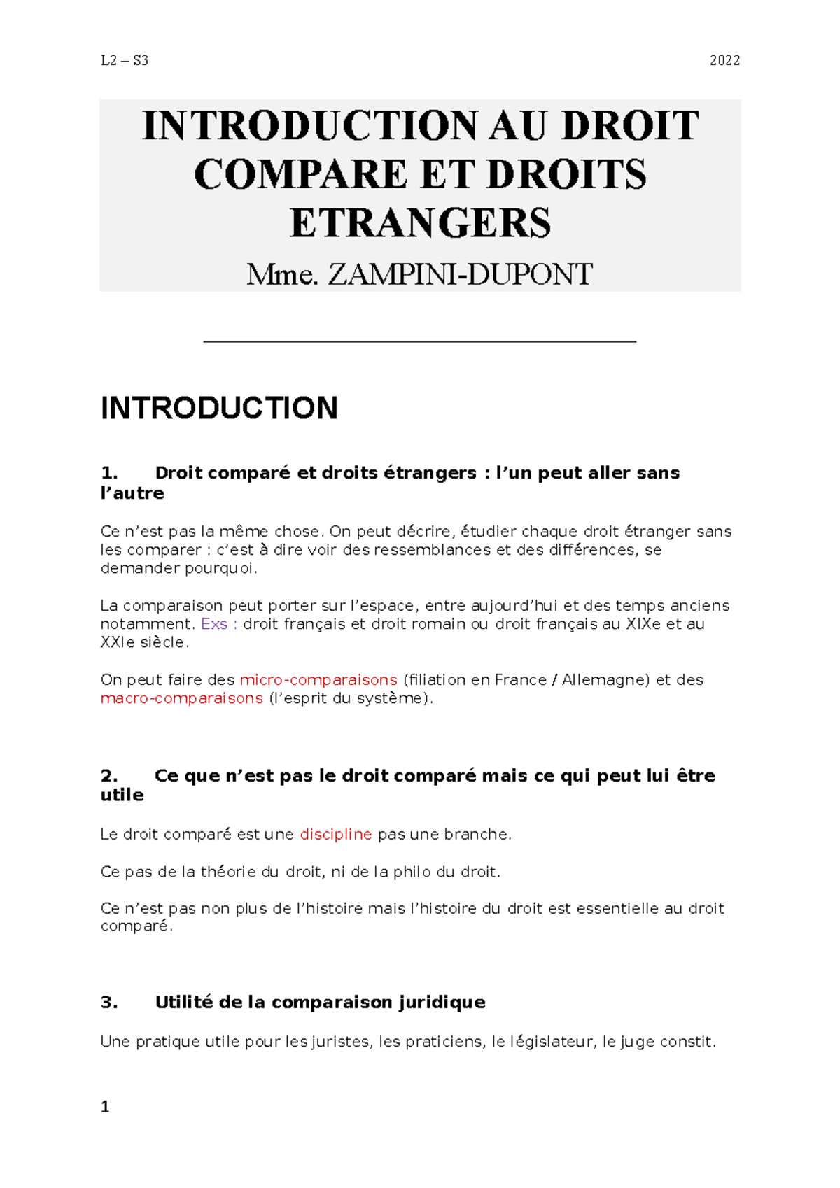CM Droit Comparé S3 - INTRODUCTION AU DROIT COMPARE ET DROITS ETRANGERS Mme. ZAMPINI-DUPONT ...