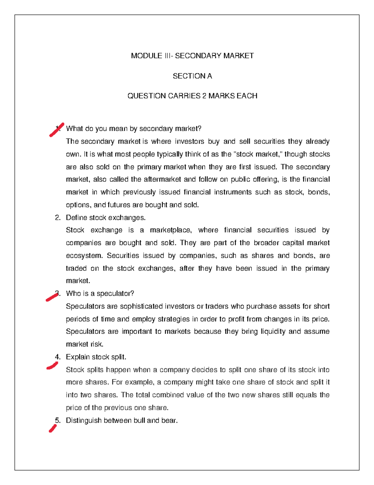 Module 3 FMO-1 - Notes 3rd sem - MODULE III- SECONDARY MARKET SECTION A ...