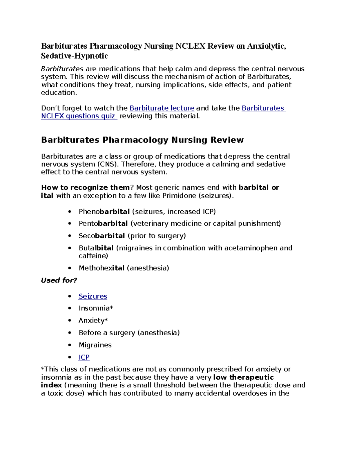 Barbiturates Pharmacology Nursing Review - Studocu