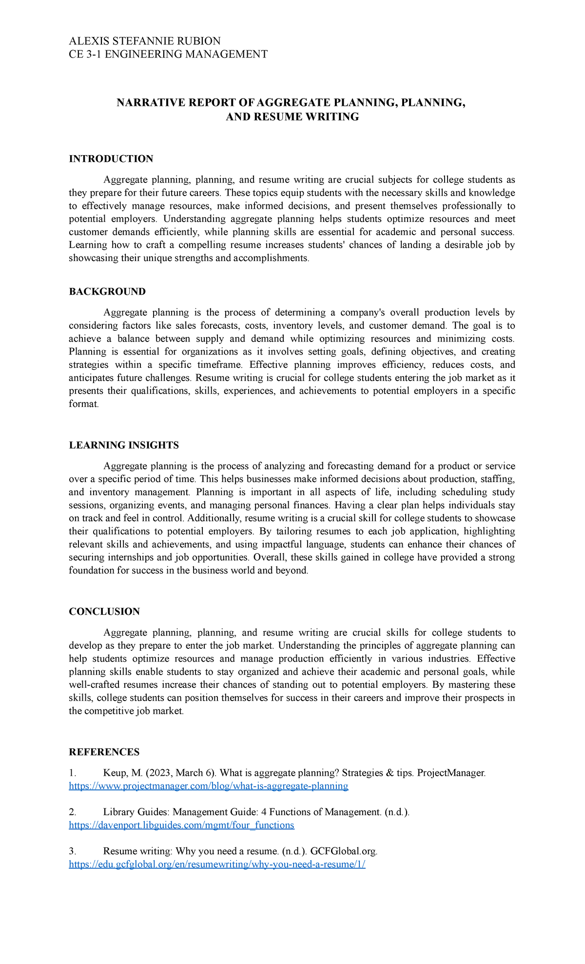 Narrative Report OF Aggregate Planning - ALEXIS STEFANNIE RUBION CE 3-1 ...