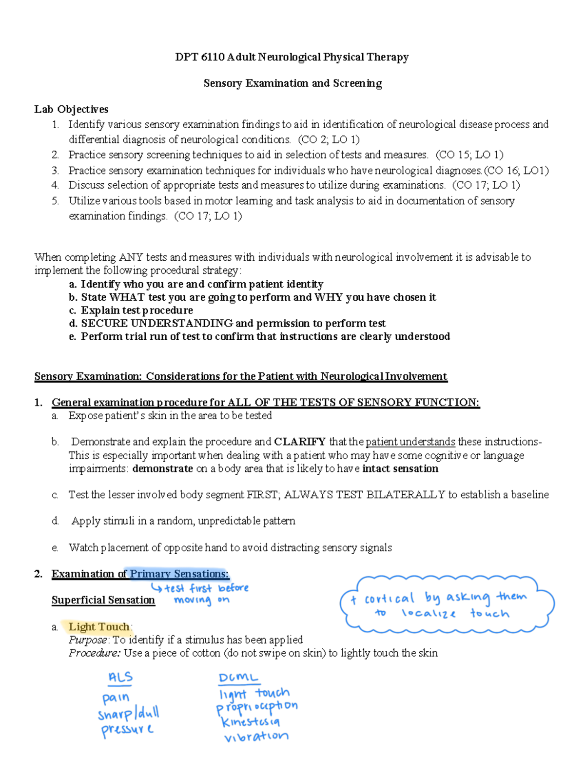 Sensory Lab - Notes on sensation testing - DPT 6110 Adult Neurological ...