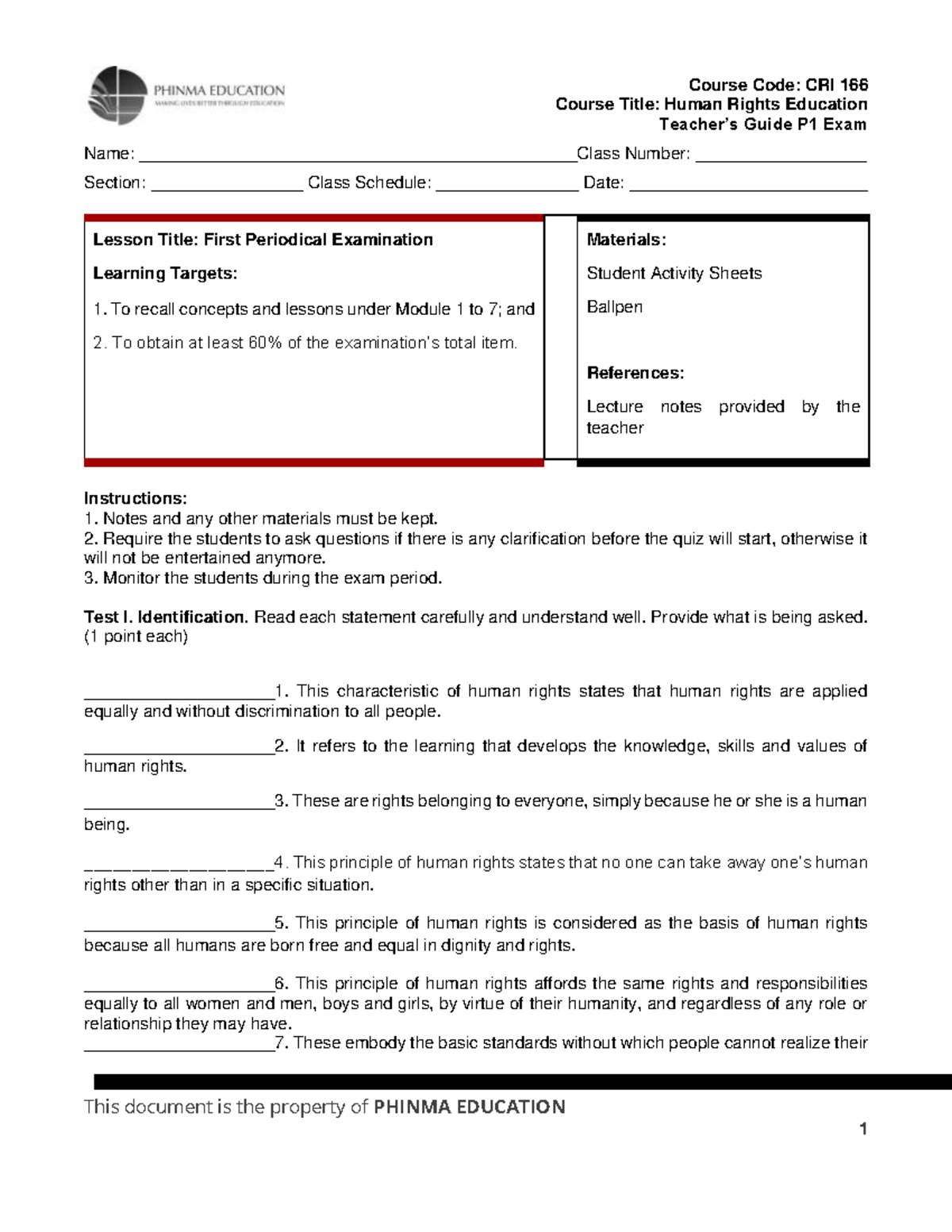 TG P1 Exam CRI 166 - 124 - Course Title: Human Rights Education Teacher ...