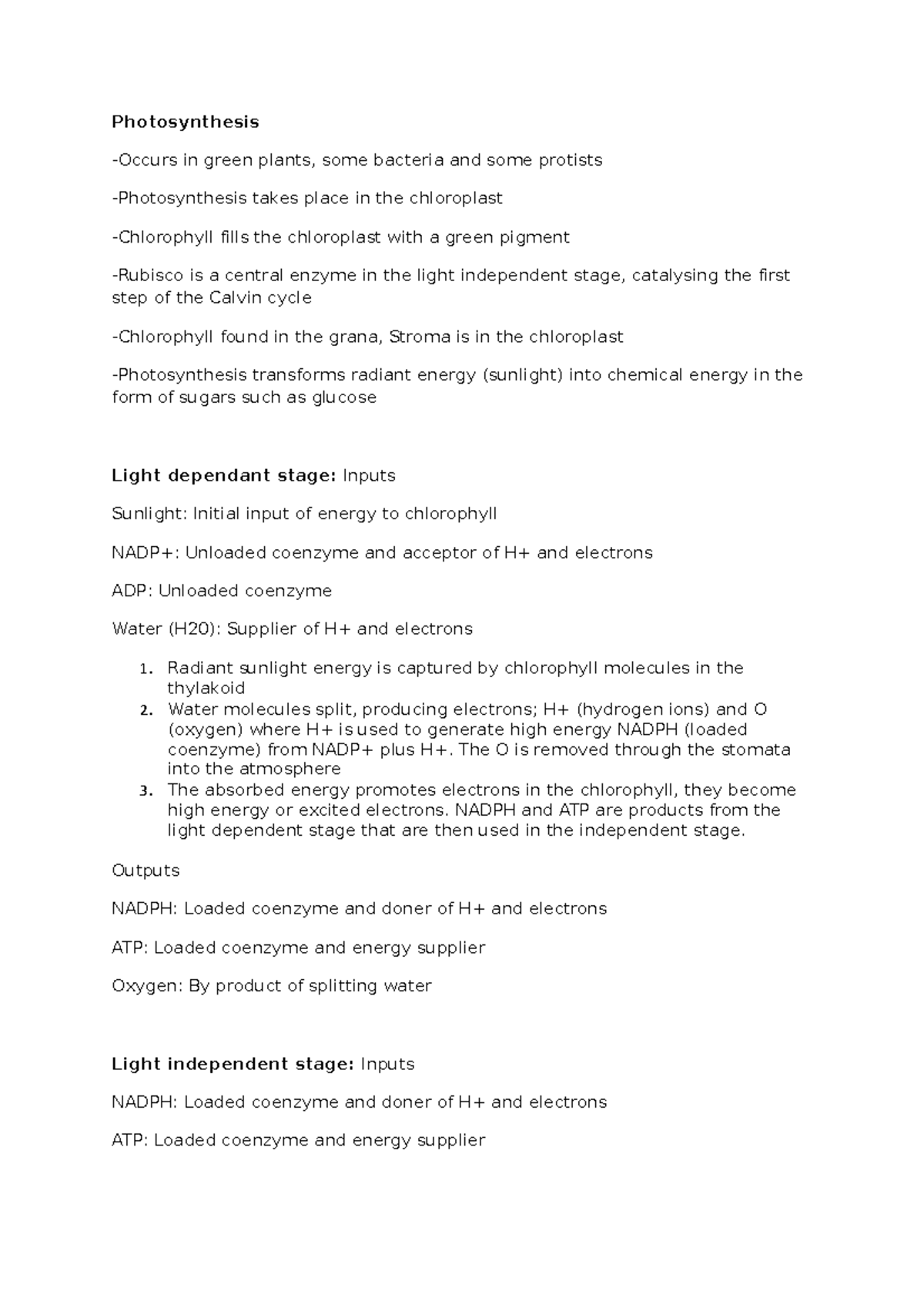 Photosynthesis summary - Photosynthesis -Occurs in green plants, some ...