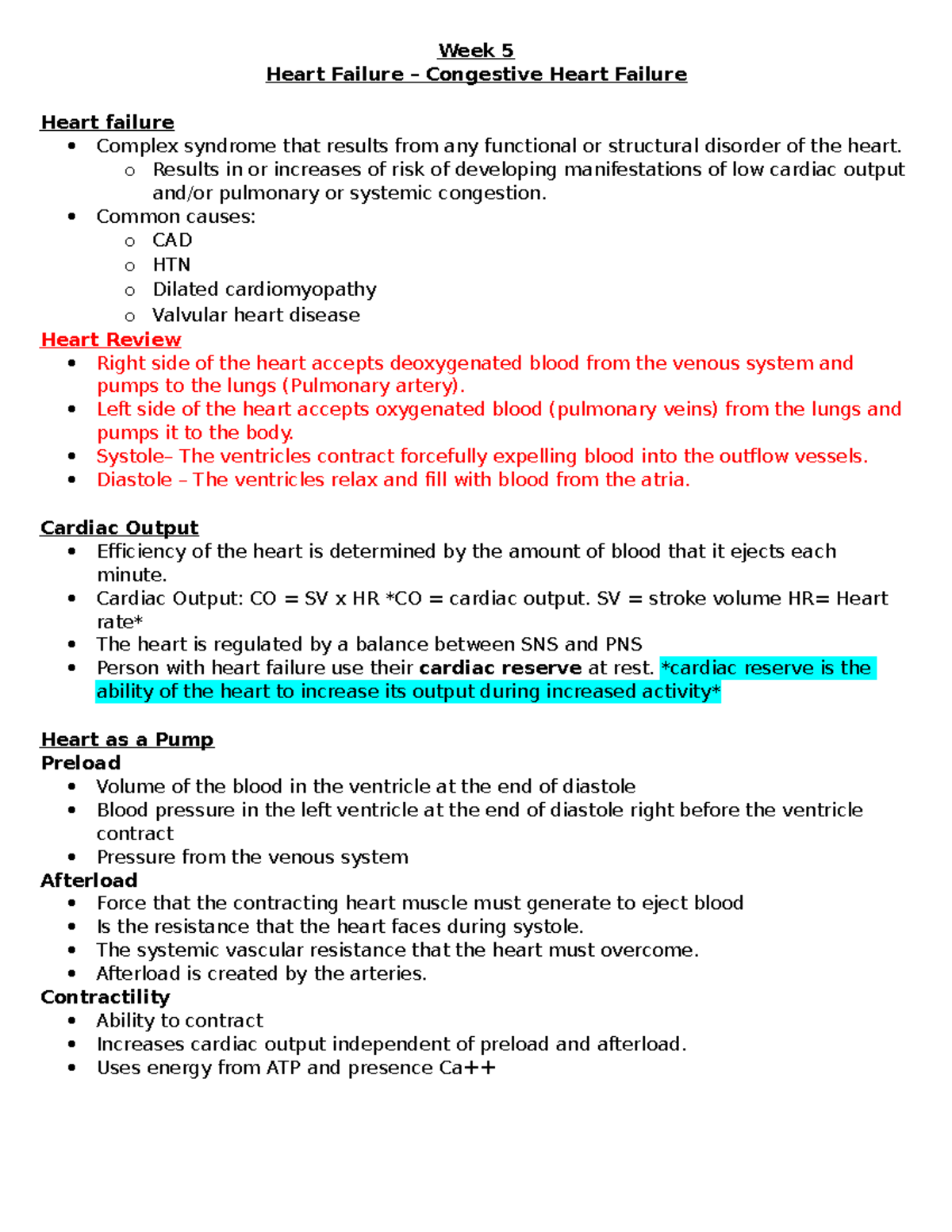 Week 5- Heart Failure - Lecture notes to study for test - Week 5 Heart ...