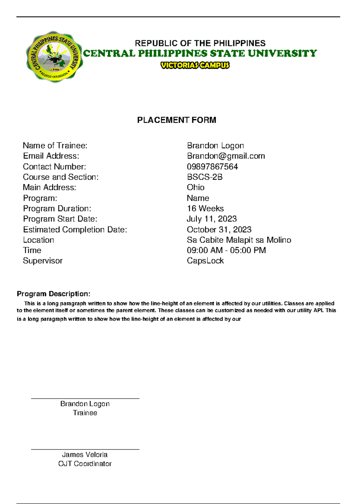 Placement Form - lesson plan - PLACEMENT FORM Name of Trainee: Brandon ...