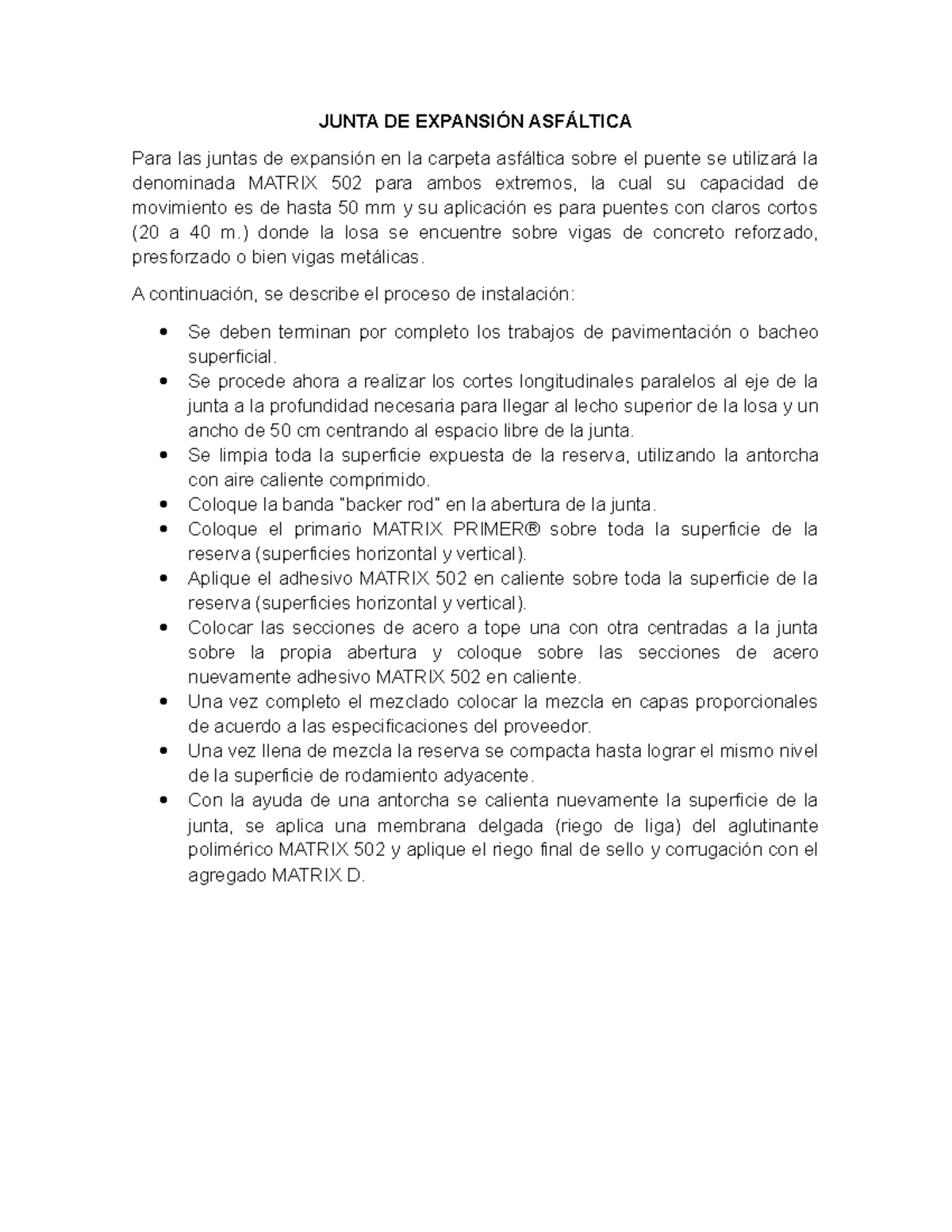 Junta de expansión asfáltica Matrix 502 - JUNTA DE EXPANSIÓN ASFÁLTICA ...