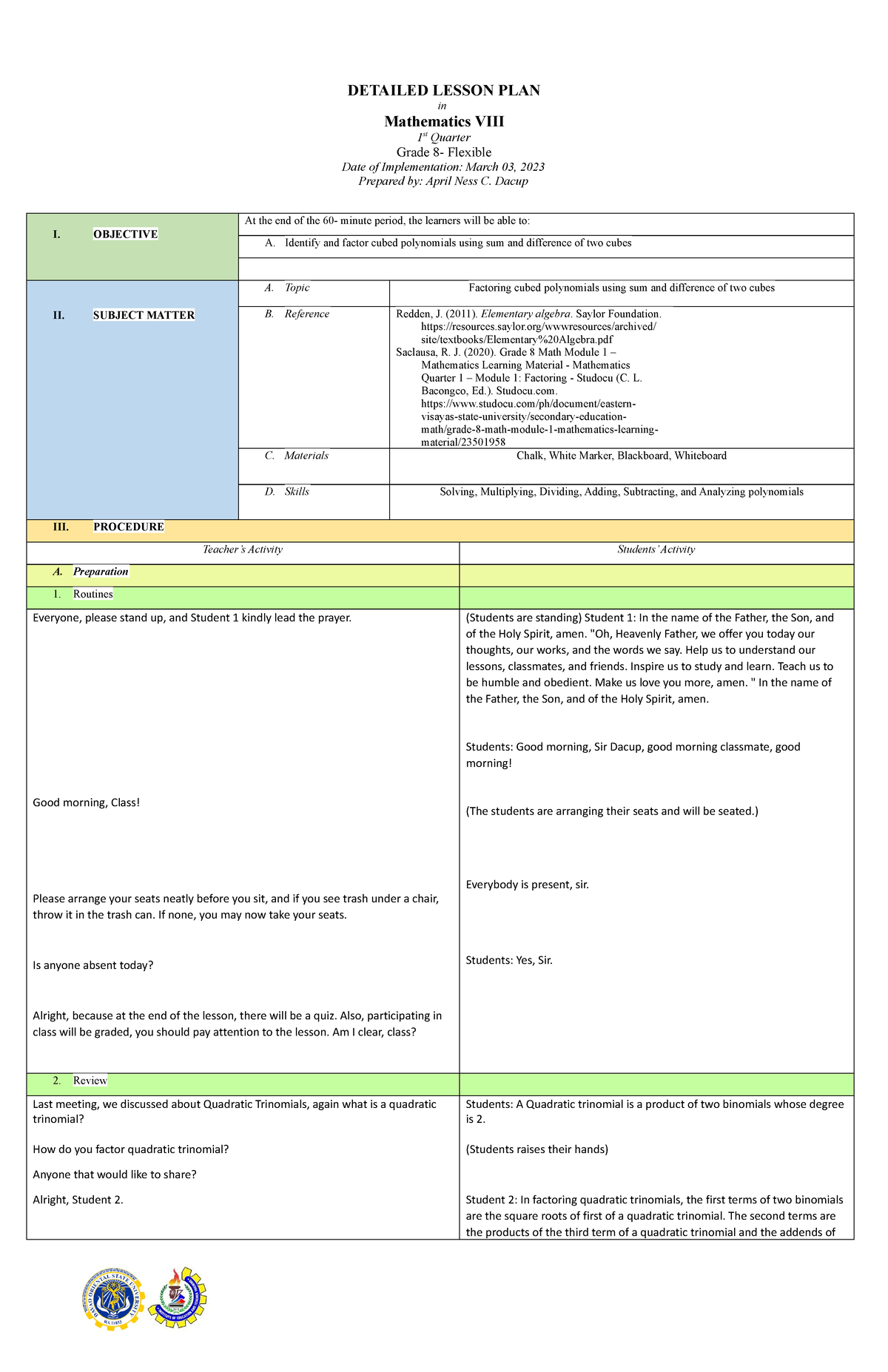 DLP-Math-124 (1) - DETAILED LESSON PLAN - DETAILED LESSON PLAN in ...