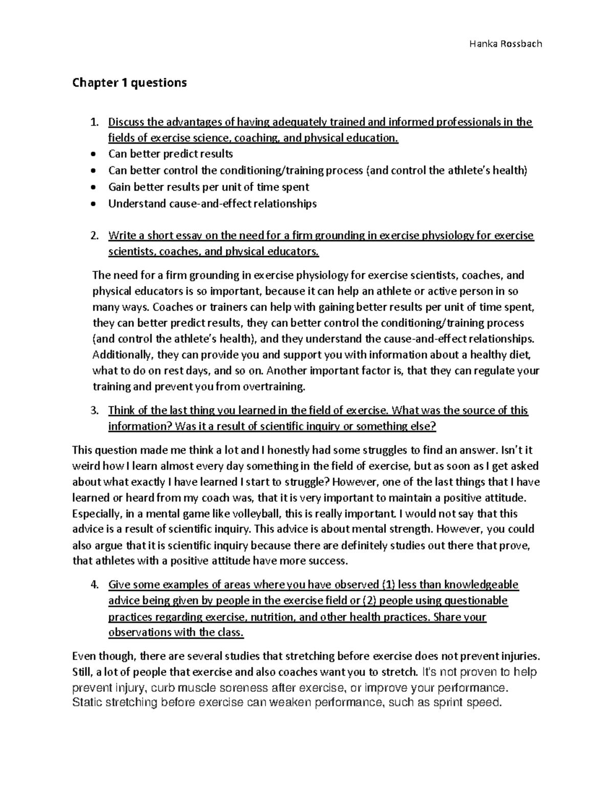 Questions Chapter 1 (Exercise Physiology) - Hanka Rossbach Chapter 1 ...