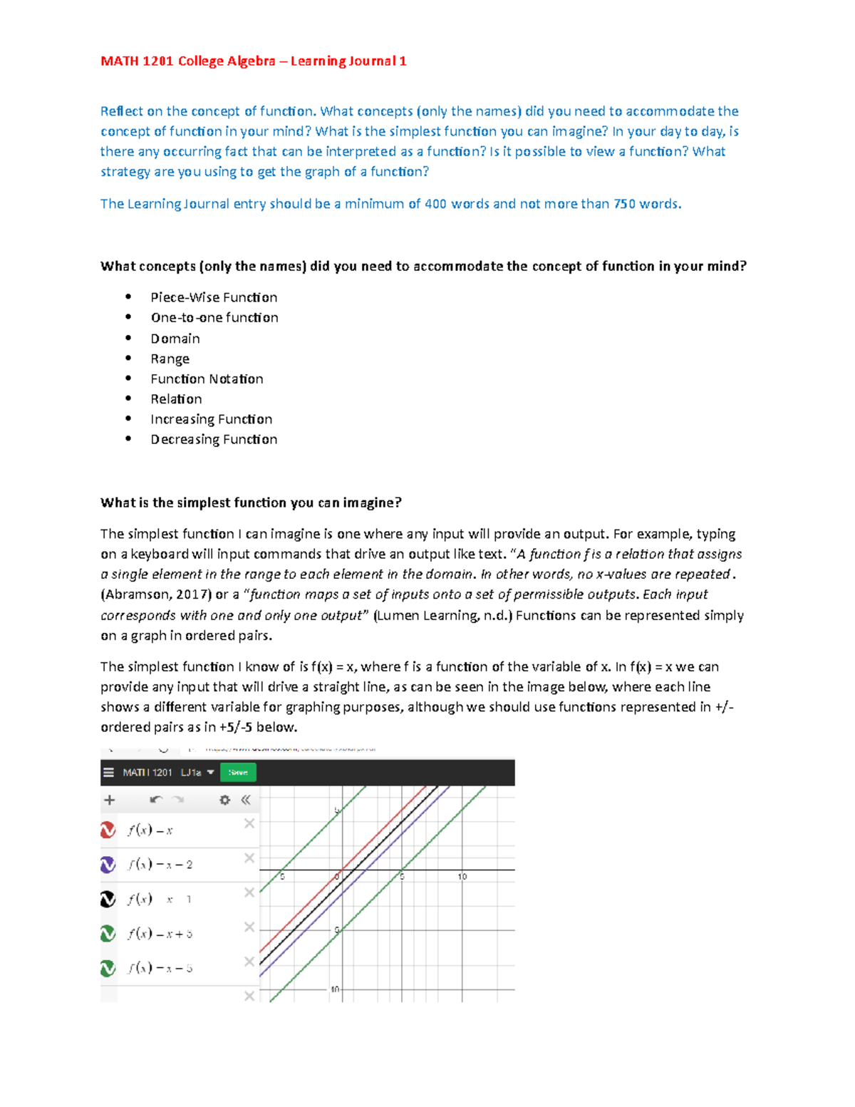 MATH 1201 - Learning 1 - MATH 1201 College Algebra – Learning Journal 1 Reflect on the concept ...