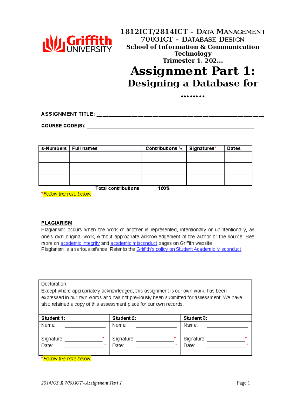 Template Assignment Part 1 - 1812ICT/2814ICT – DATA MANAGEMENT 7003ICT ...