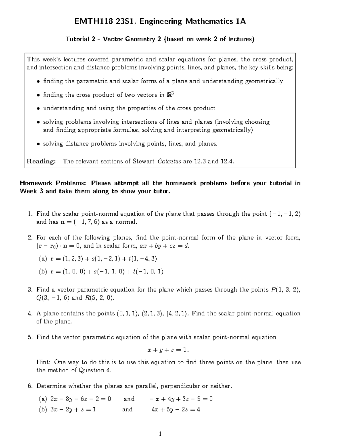 Tut2 questions answers - EMTH118-23S1, Engineering Mathematics 1A Tutorial 2 - Vector Geometry 2 ...