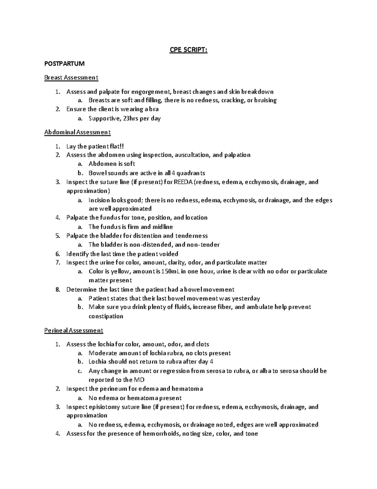NSG 3500 CPE Script - CPE SCRIPT: POSTPARTUM Breast Assessment 1 ...
