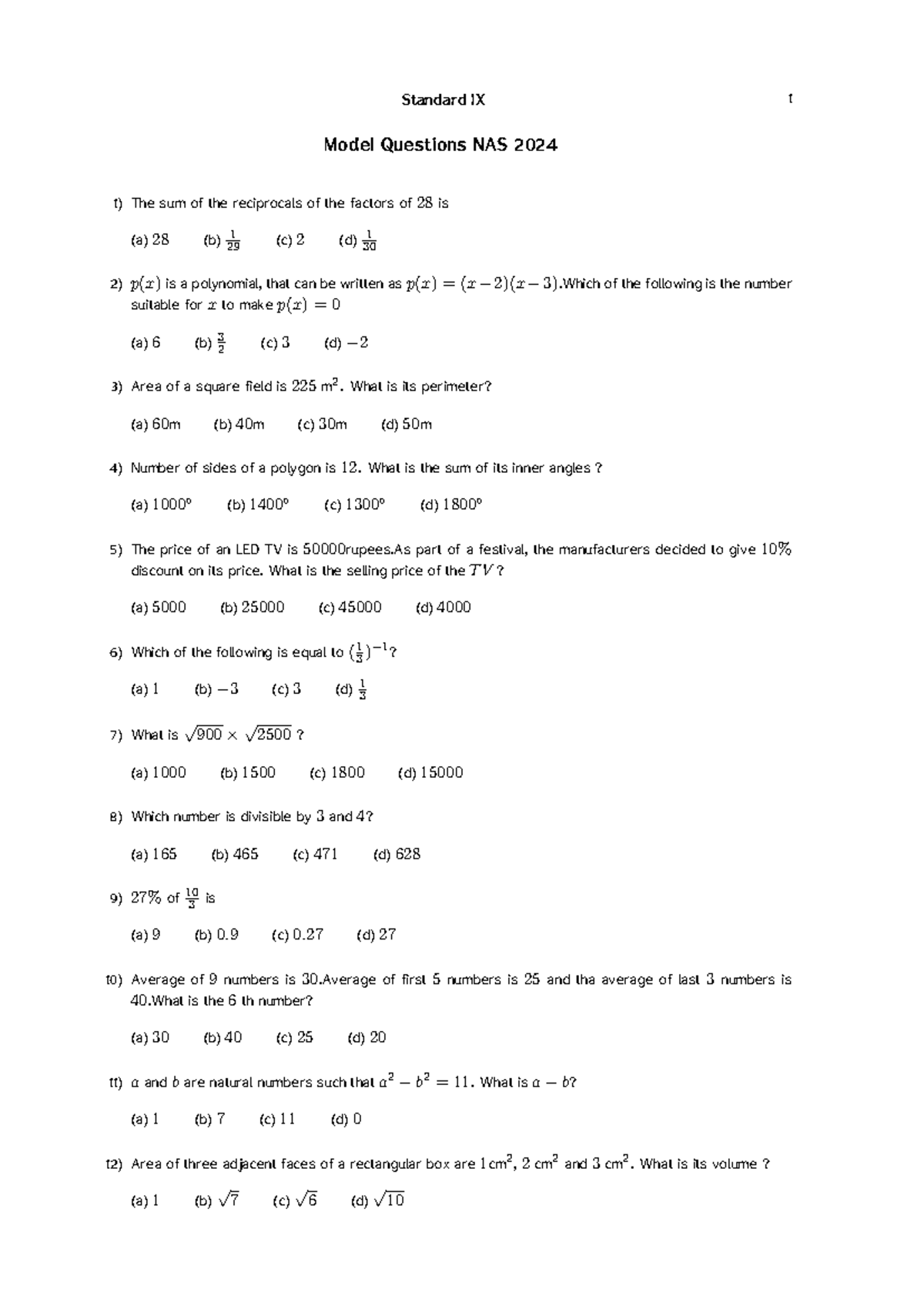 NAS Sample Paper Math - Notes - Standard IX 1 Model Questions NAS 2024 ...