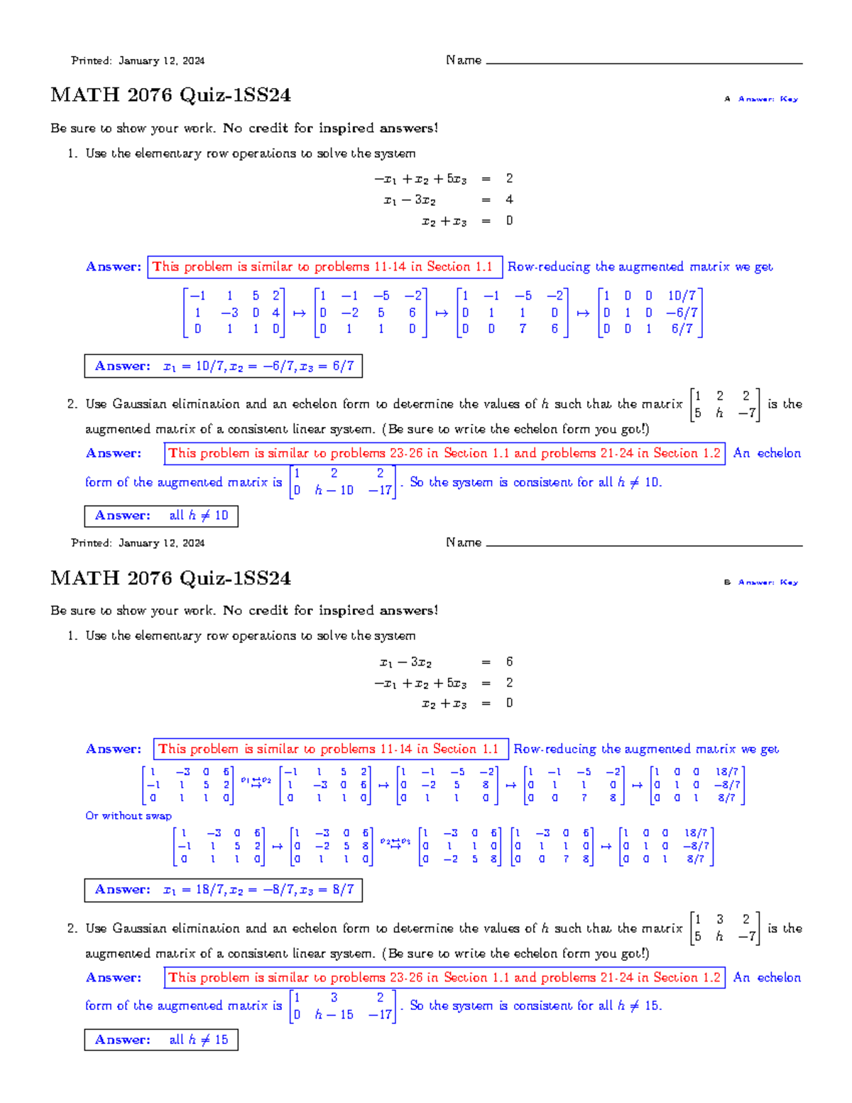 Quiz-1SS24 - Quiz-1. Linear Algebra - Printed: January 12, 2024 Name ...