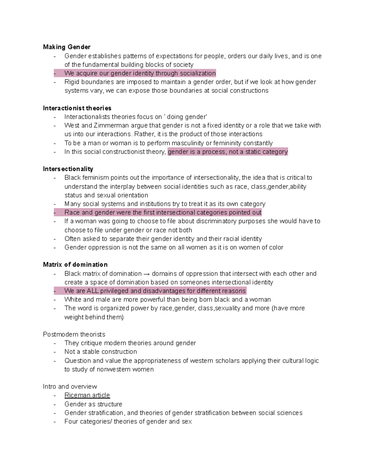 Gender Lecture notes - Making Gender - Gender establishes patterns of ...