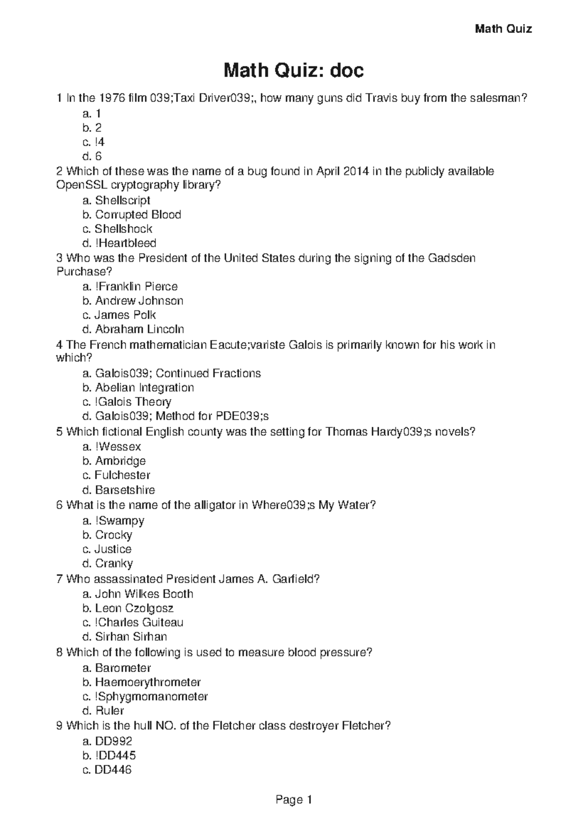 Math Quiz-Extra-Credit-8 - Math Quiz: doc 1 In the 1976 film 039;Taxi ...
