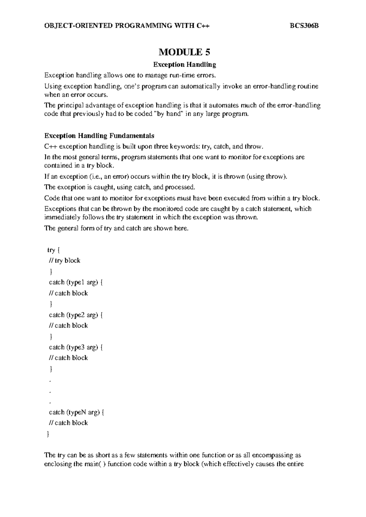 C++ module 5 - sdf - MODULE 5 Exception Handling Exception handling allows one to manage run ...