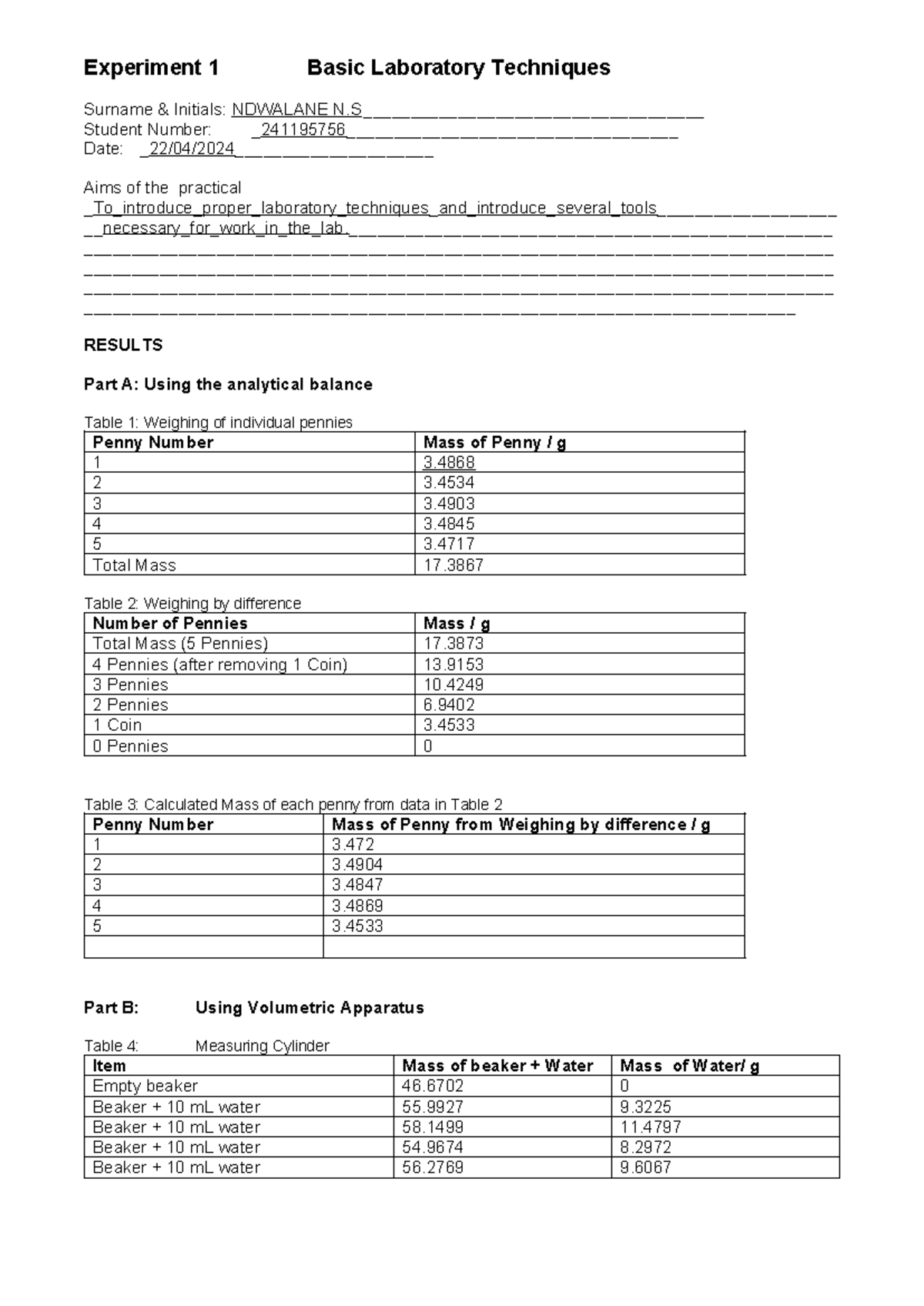 Experiment 1 - Report Sheet CHM154S 2024 - Experiment 1 Basic Laboratory Techniques ...
