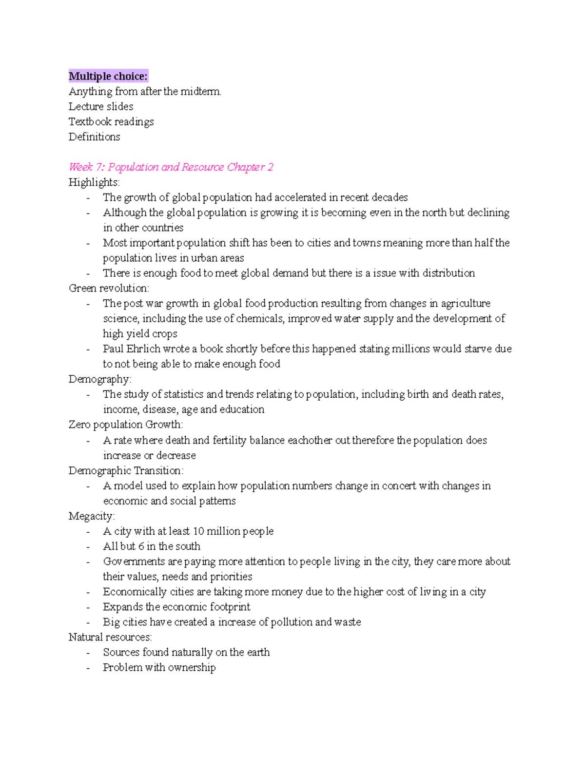 Final exam study notes - Multiple choice: Anything from after the ...