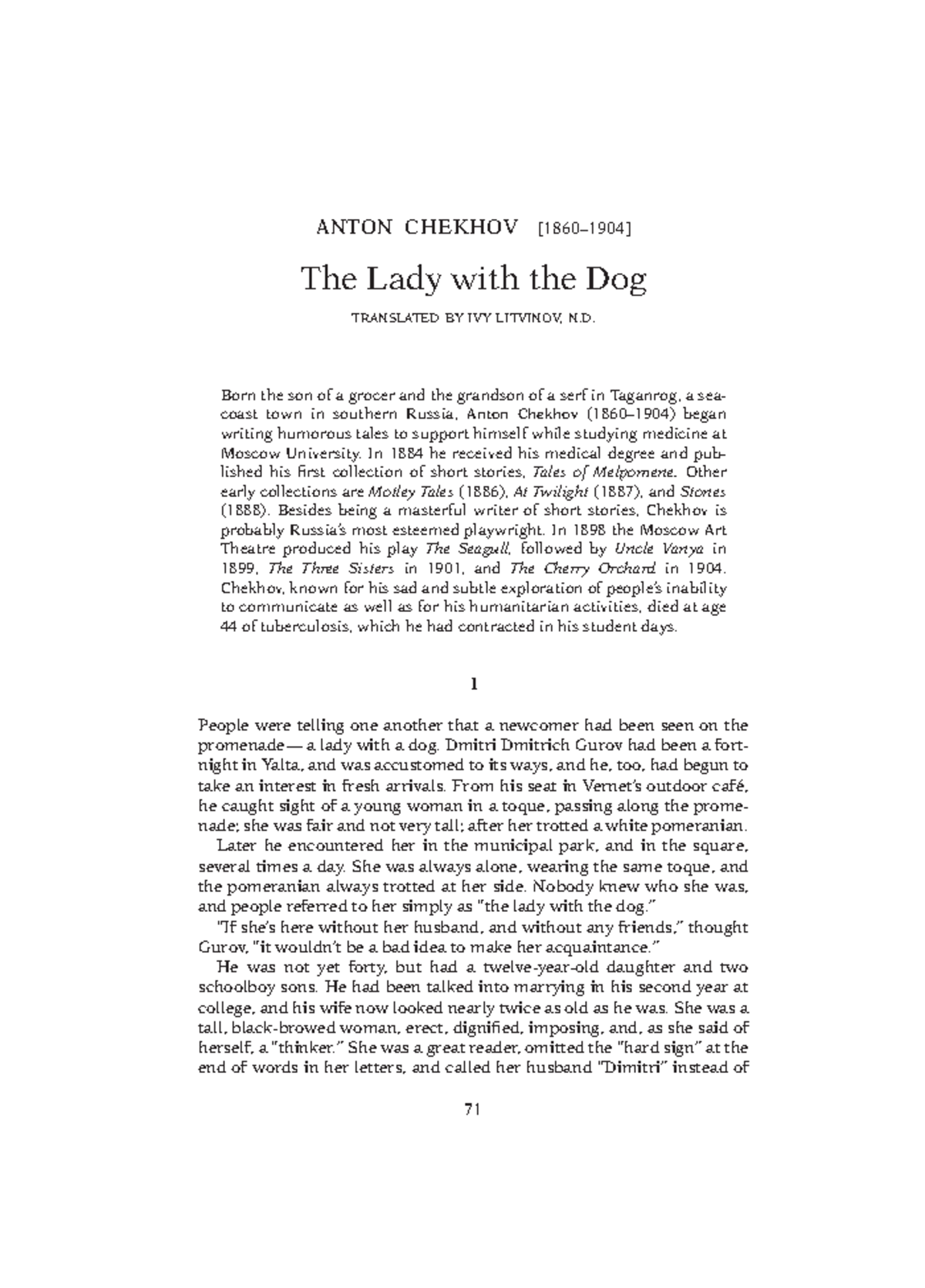 Chekhov The Lady with the Dog - ANTON CHEKHOV [1860–1904] The Lady with ...