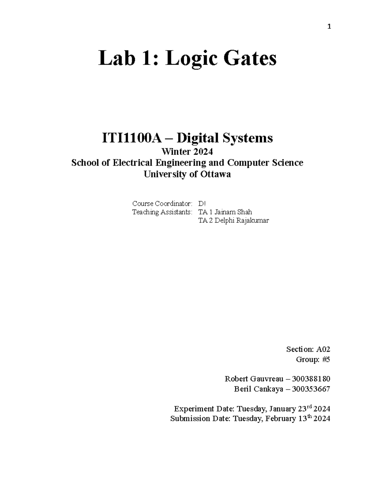 Lab Report 1 ITI1100 - Lab 1 : Logic Gates ITI1100A – Digital Systems ...