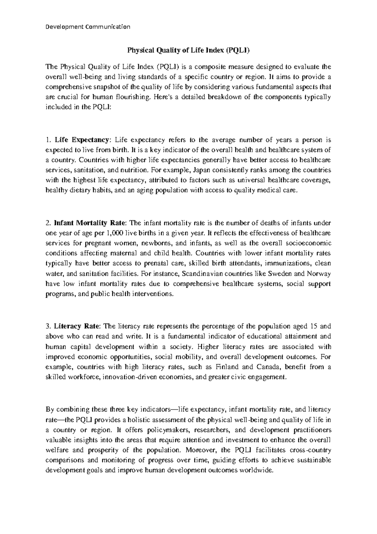 Physical Quality of Life Index - It aims to provide a comprehensive ...