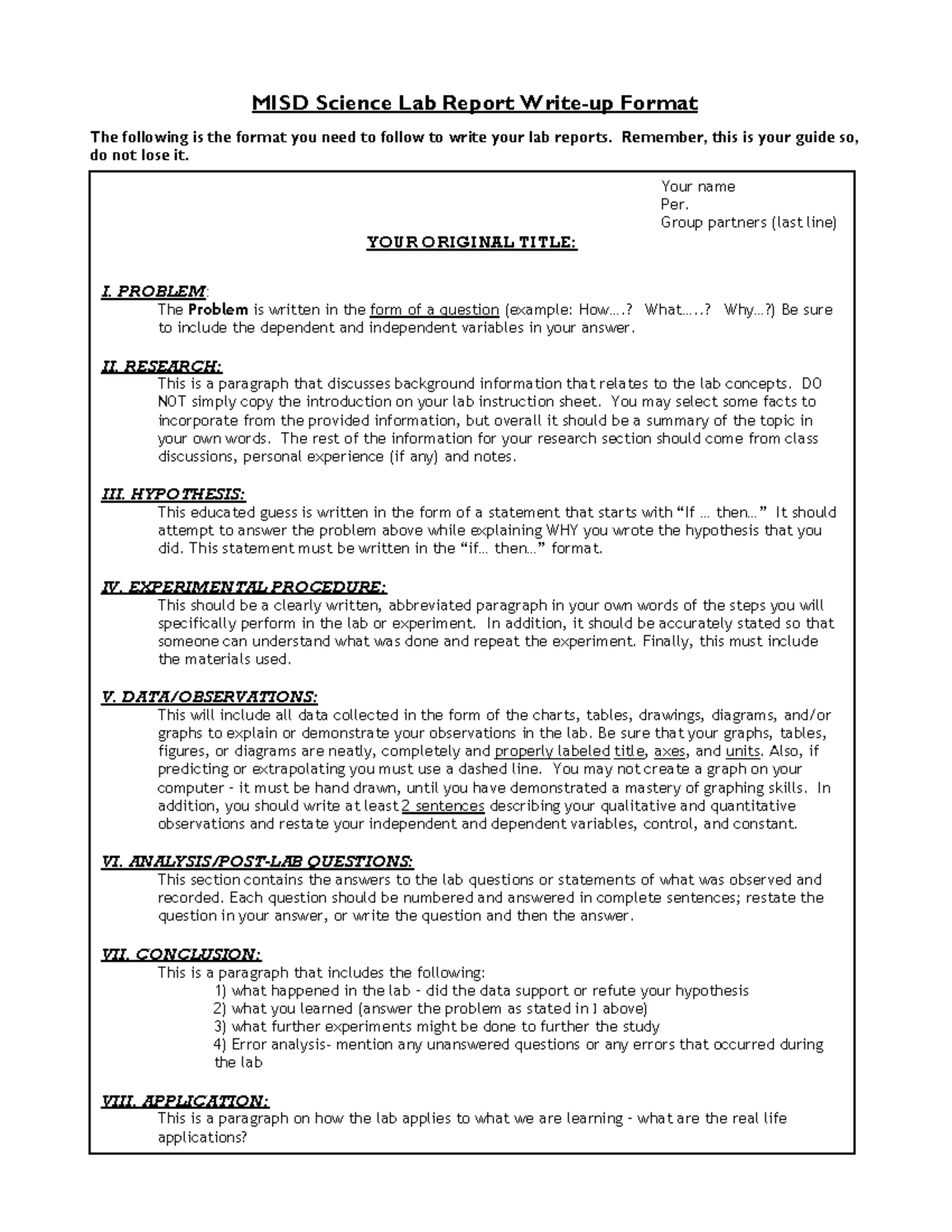 Science Lab Report Write-up Format - Remember, this is your guide so, do not lose it. Your name ...